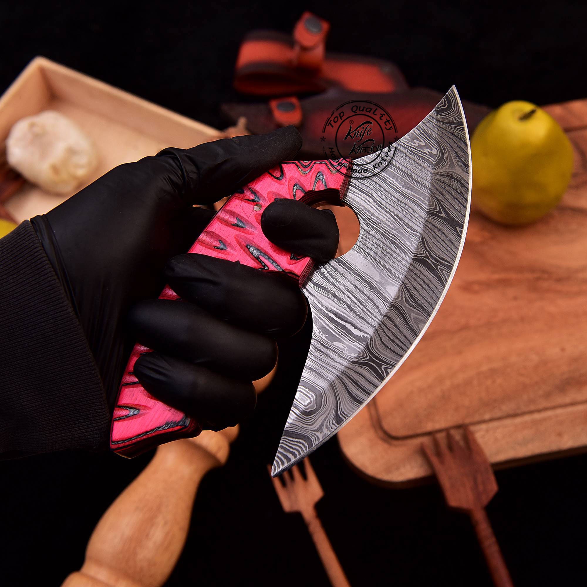 Redish Grooved Wood Handmade Damascus Steel Ulu Knife Alaskan Pizza Cutting Ulu Knife With ...