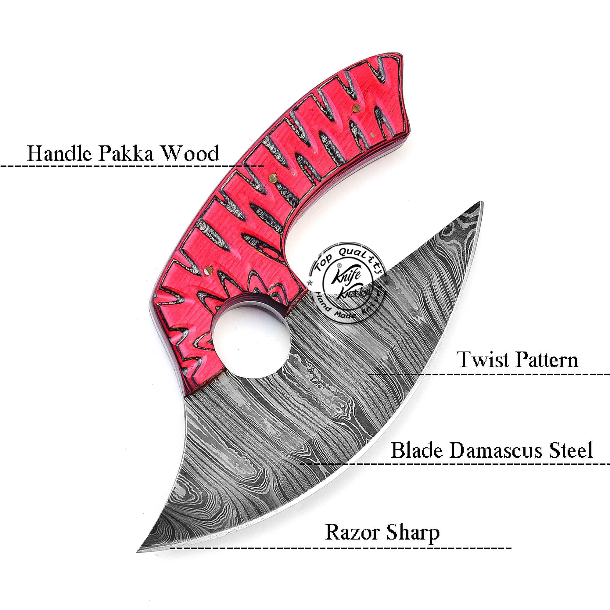 Redish Grooved Wood Handmade Damascus Steel Ulu Knife Alaskan Pizza ...