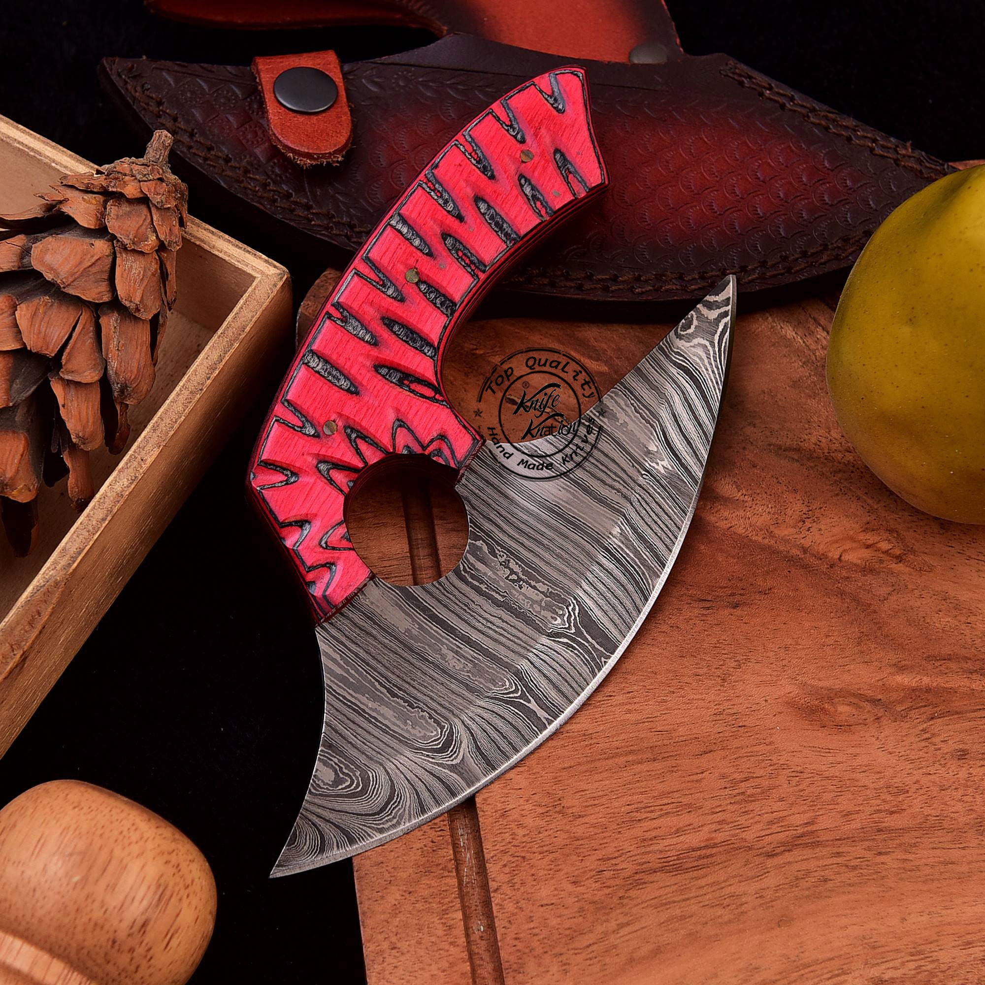 Redish Grooved Wood Handmade Damascus Steel Ulu Knife Alaskan Pizza Cutting Ulu Knife With ...