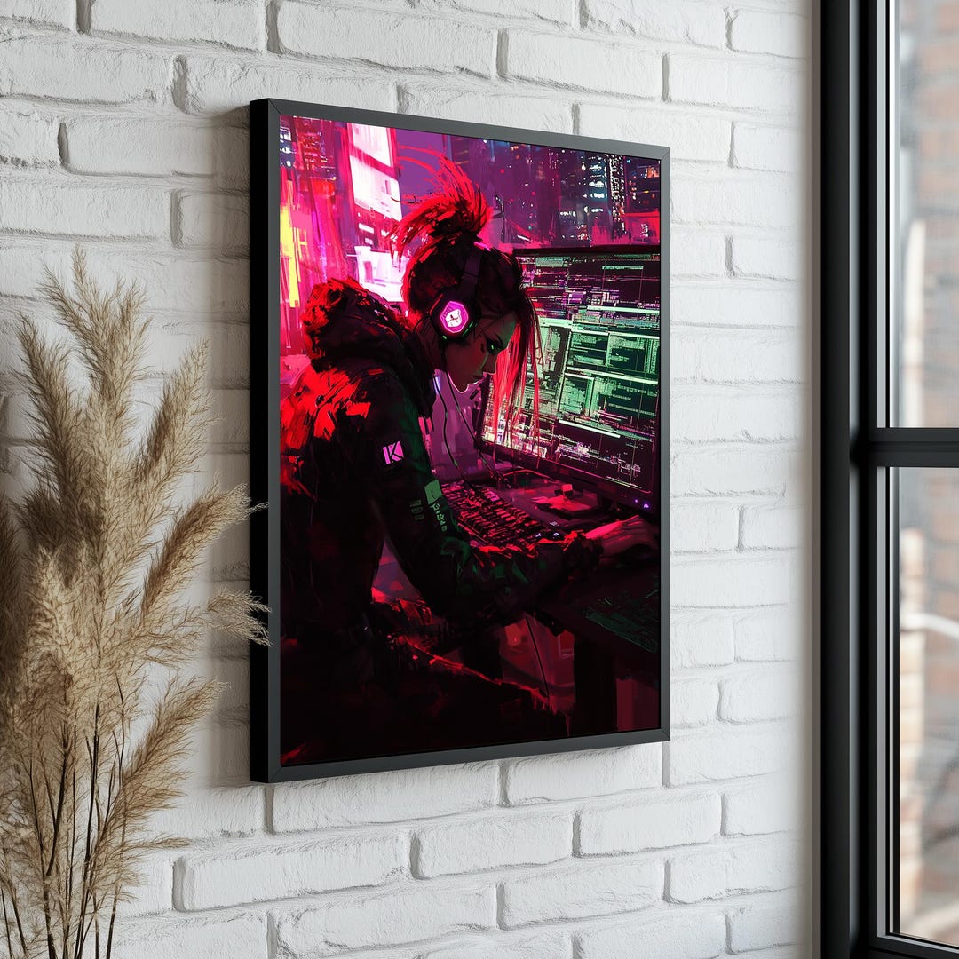 Cyberpunk Hacker Woman Canvas Print: Neon City Wall Decor - Etsy