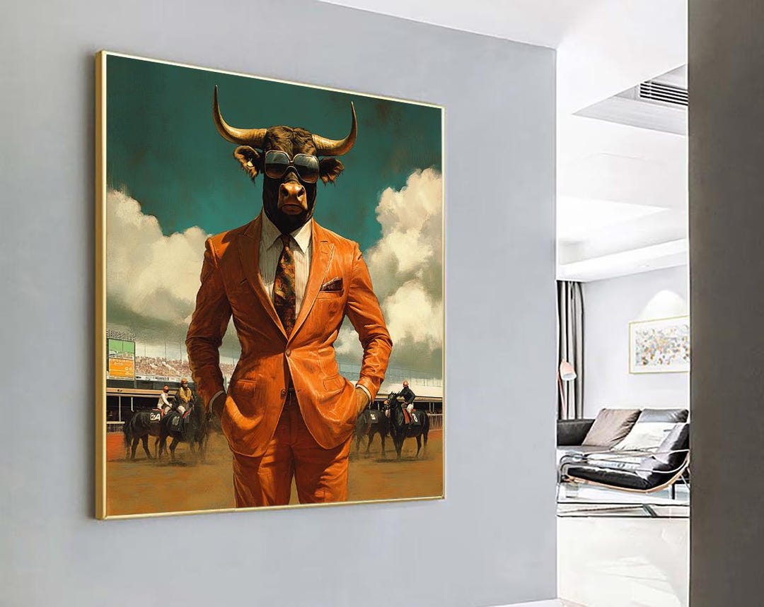 Bull Art Wall Decor | Bull Painting in Orange Suit | Bull Portrait ...