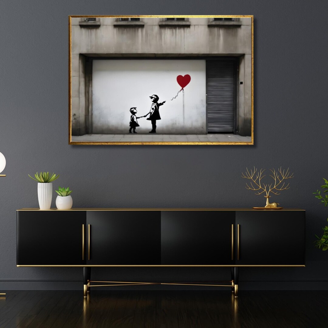 Banksy Inspired Street Art - Boy Running Away From Red Heart Balloon ...