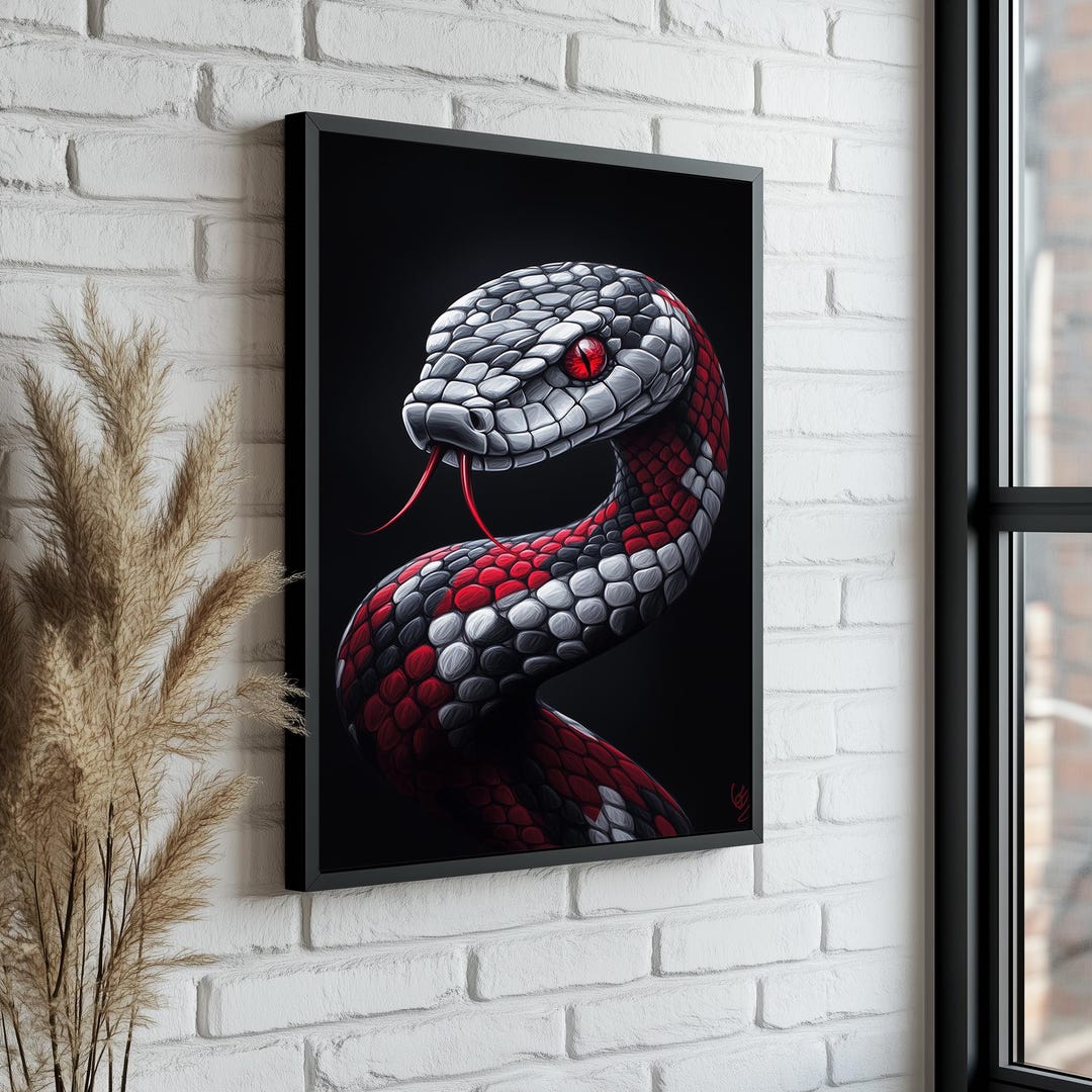 Snake Canvas Painting, Red-eyed Grey and Red Snake Portrait, Modern ...