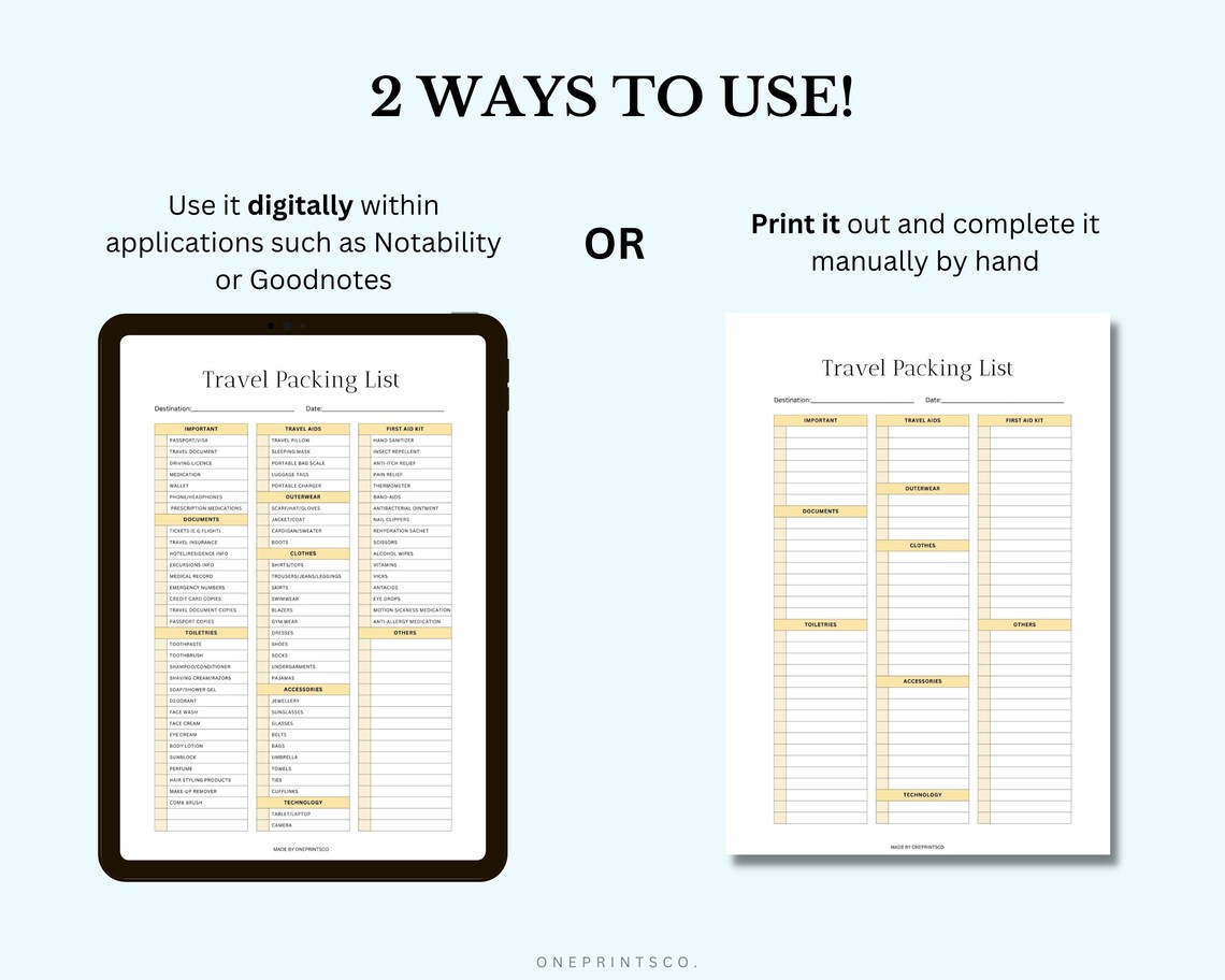 Travel Packing List Template Printable Holiday Organiser Digital Family ...