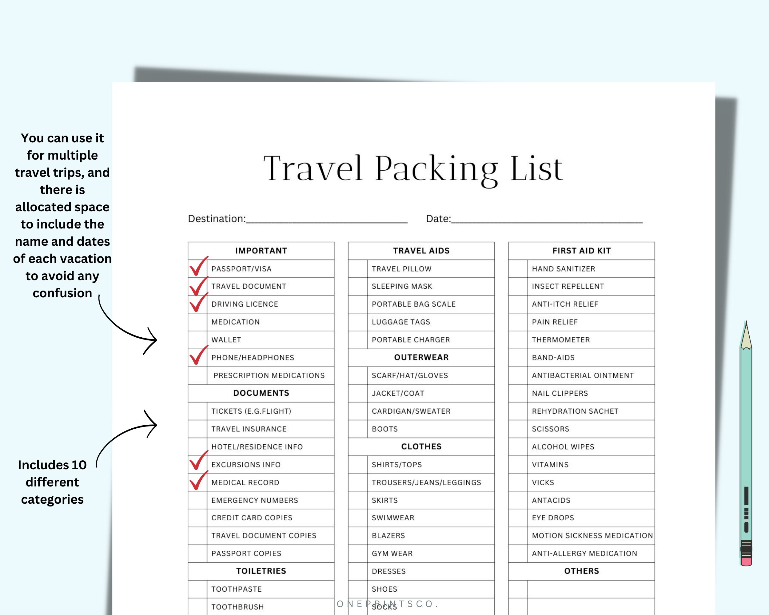 Travel Packing List Template Printable Holiday Organiser Digital Family ...