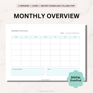 Monthly Overview Printable Planner, Minimalist Template, Month at a ...