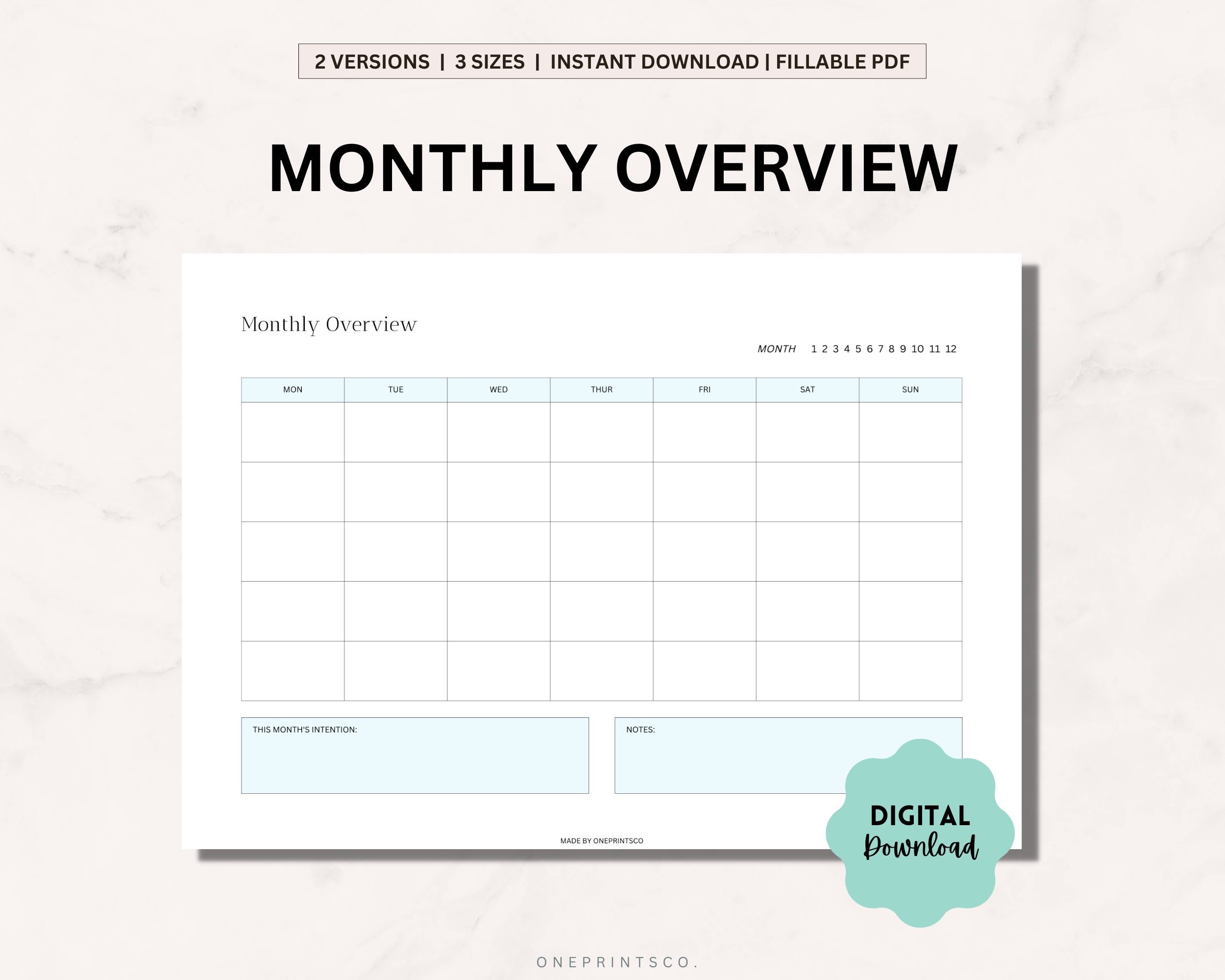 Monthly Overview Printable Planner, Minimalist Template, Month at a ...