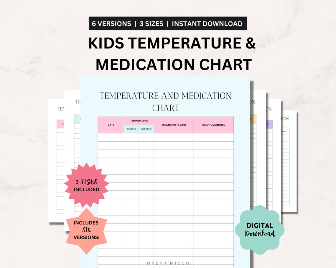 Kids Temperature and Medication Tracker, Fever Tracking Chart Pdf ...
