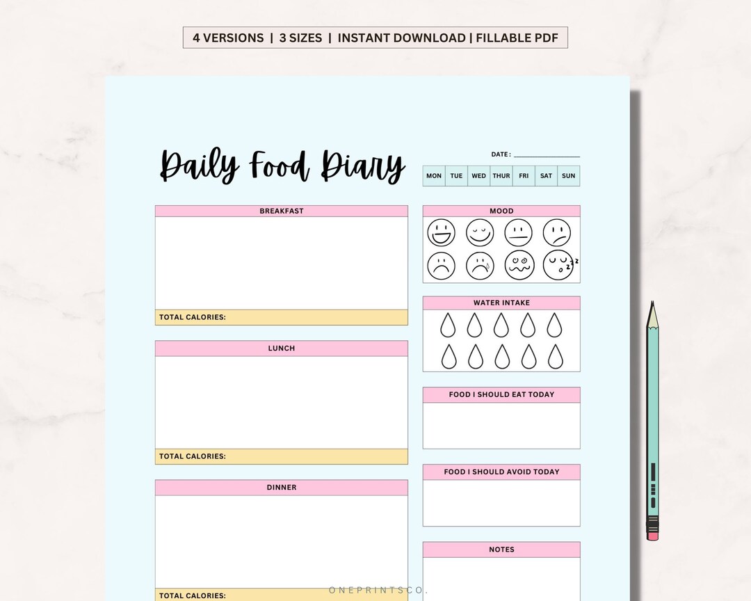 Daily Food Log Diary Weekly Meal Tracker Journal Digital Planner Insert ...