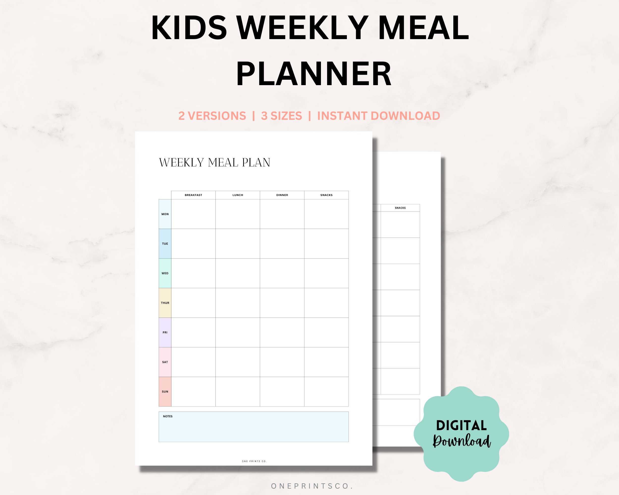 Weekly Meal Planner for Kids Digital 7 Days Menu Plan Toddler Baby ...