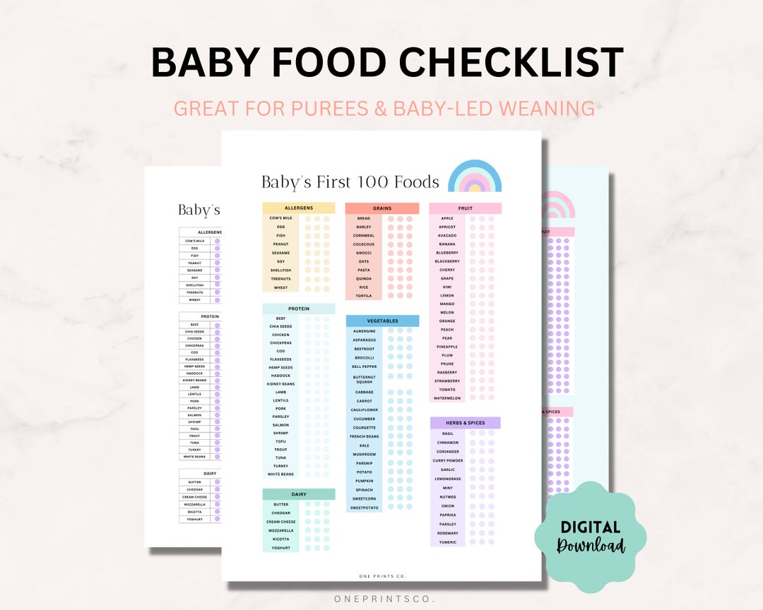 Baby First 100 Food Checklist Printable Baby Led Weaning Purees List ...