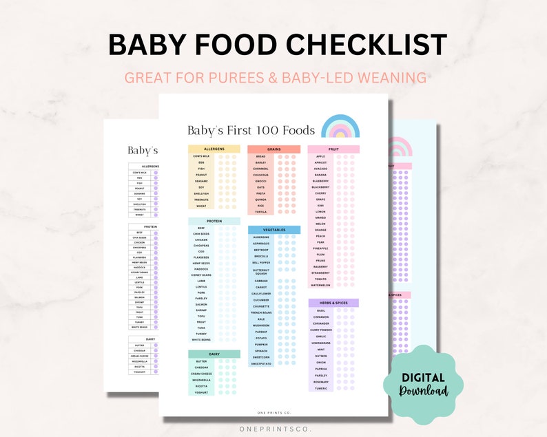 Baby First 100 Food Checklist Printable Baby Led Weaning Purees List ...
