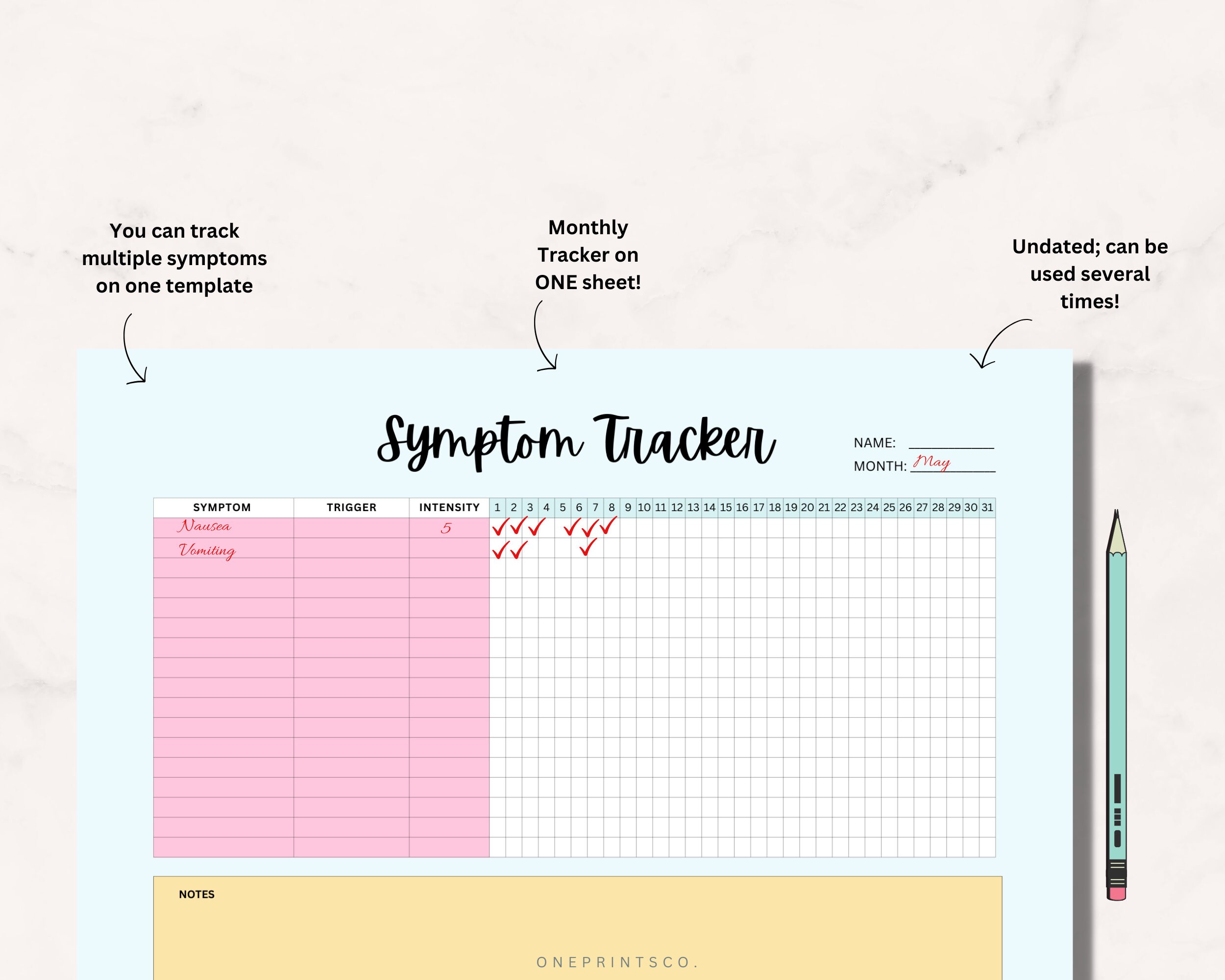 Monthly Symptom Tracker Symptom Journal Health Tracker Chronic Illness ...