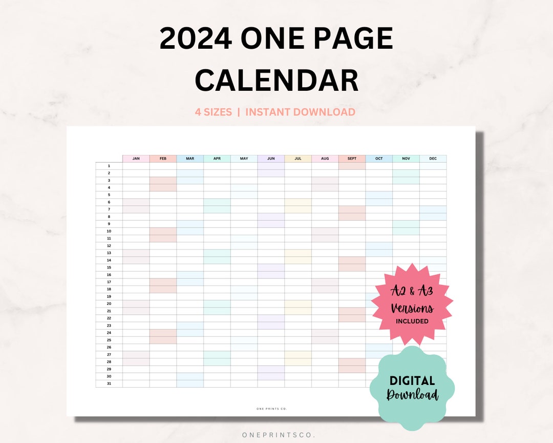 Full Year Calendar Template 2024 Wall Poster Planner Year on One Page ...