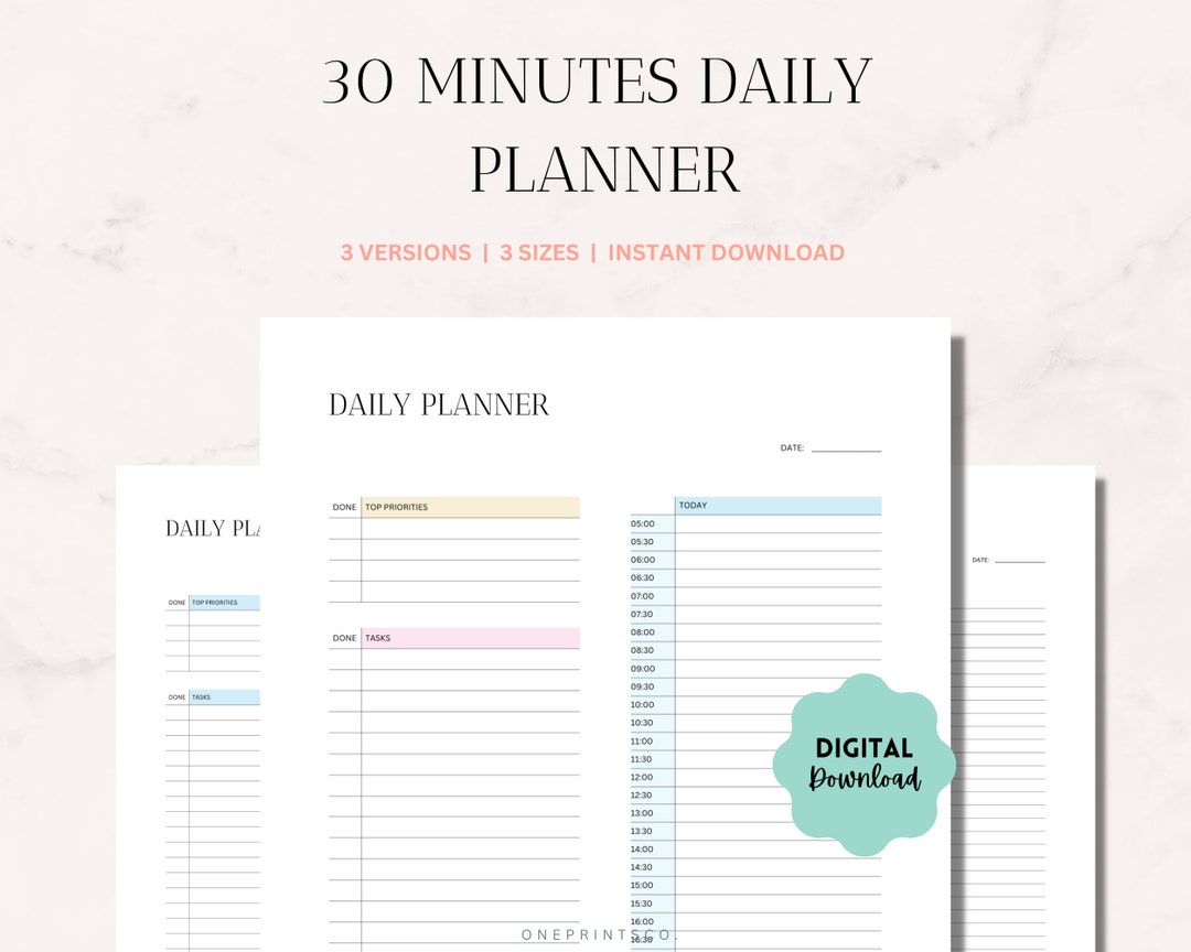 30 Minutes Interval Daily Schedule Planner Template, Printable Time ...