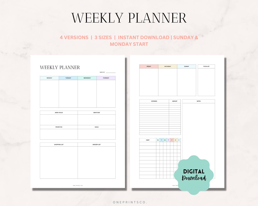 Week at a Glance Planner Template Digital Weekly Overview Printable ...