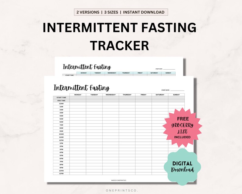 Intermittent Fasting Tracker Template, Free Grocery List, Digital ...