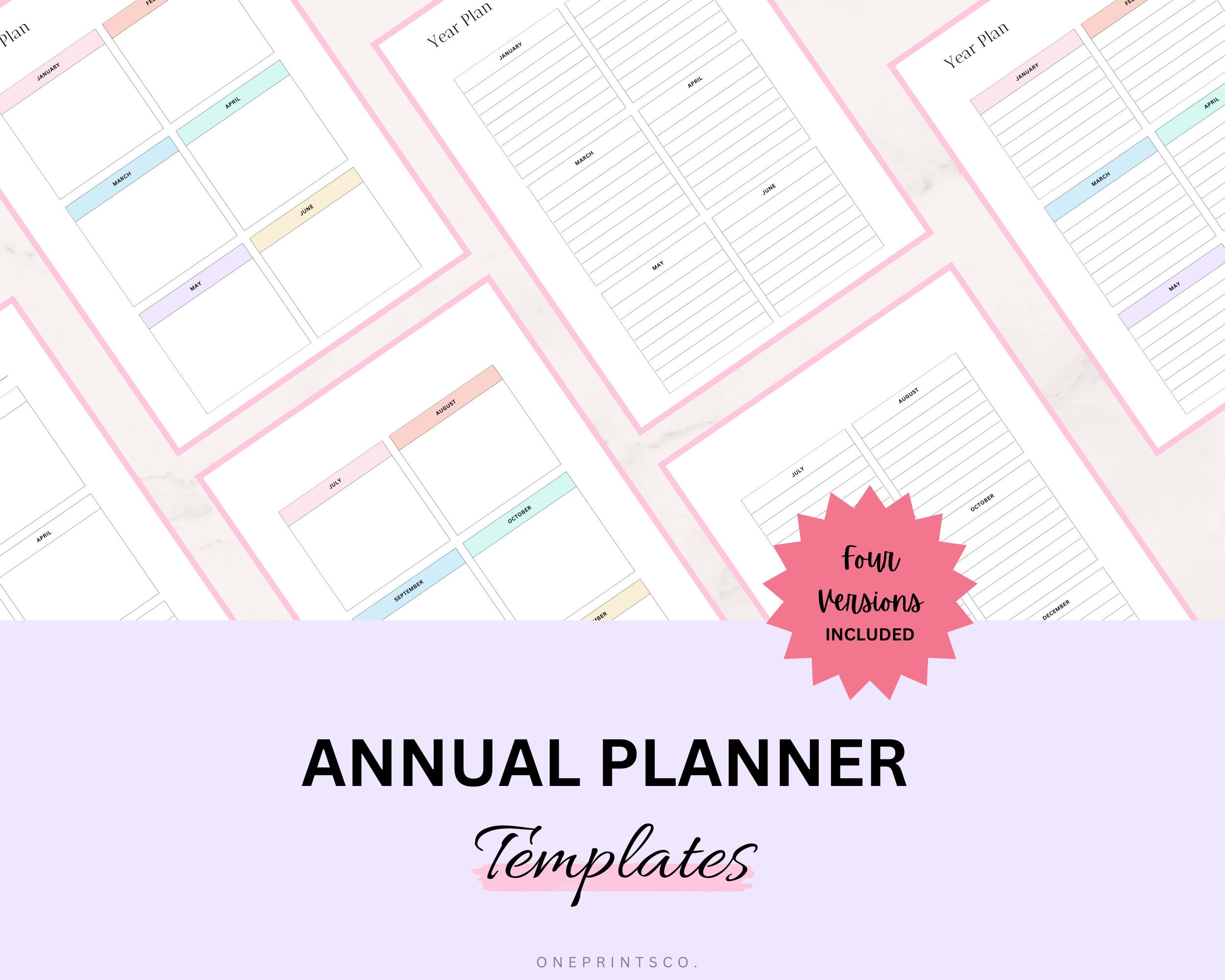 Annual Planner Template, Year at a Glance, Two Page Printable Journal ...