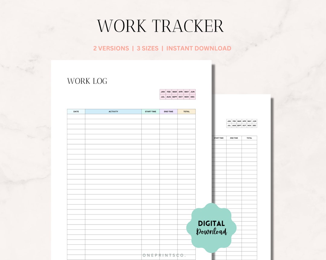 Work Planner Log Template Printable Working Timesheet Time Management ...