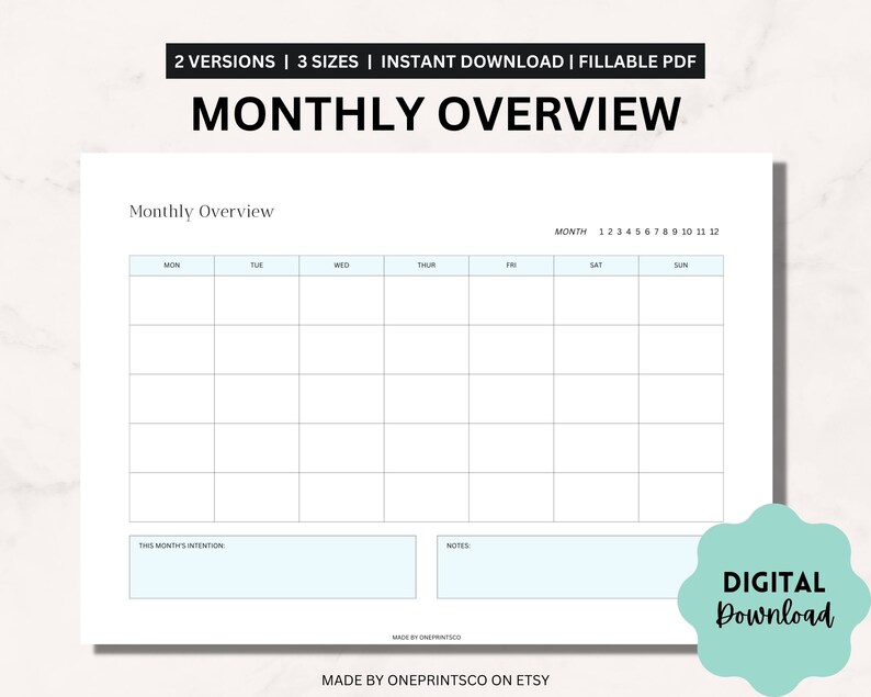 Monthly Overview Printable Planner Minimalist Template Month - Etsy