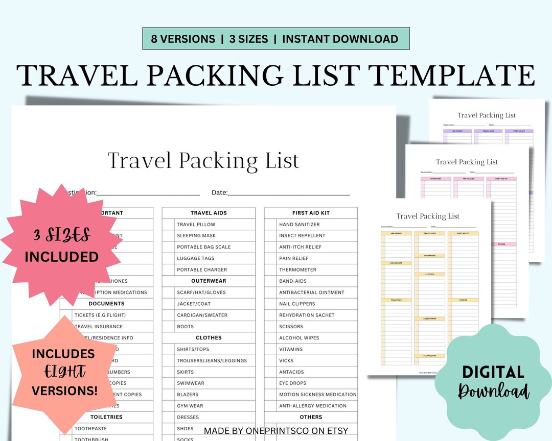 Travel Packing List Template Printable Holiday Organiser - Etsy