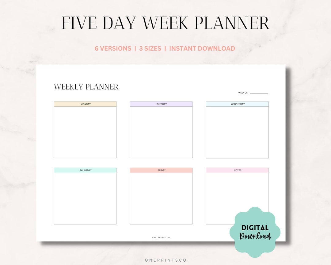 Weekly Planner Five Day Plan Minimal to Do List Overview Printable Time ...