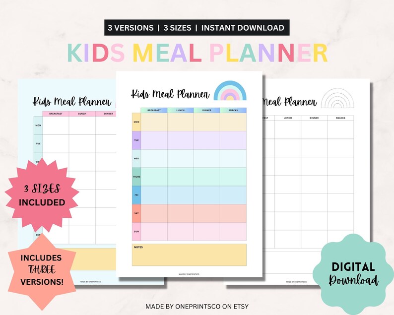 Kids Colourful Weekly Meal Planner Printable Meal Tracker - Etsy