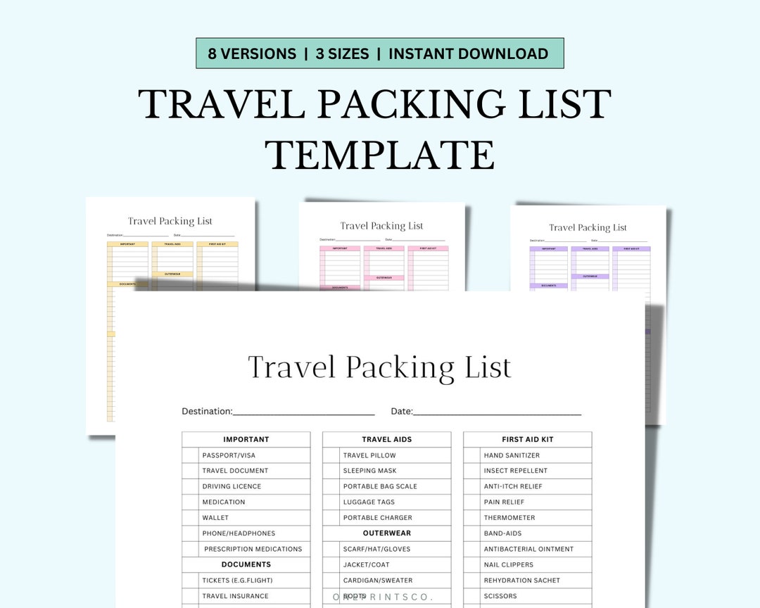 Travel Packing List Template Printable Holiday Organiser Digital Family ...