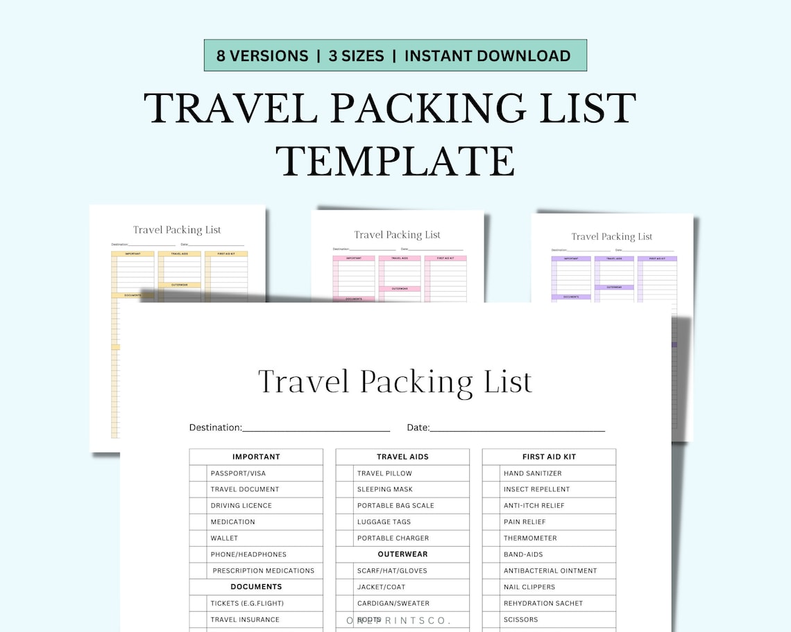 Travel Packing List Template Printable Holiday Organiser Digital Family ...