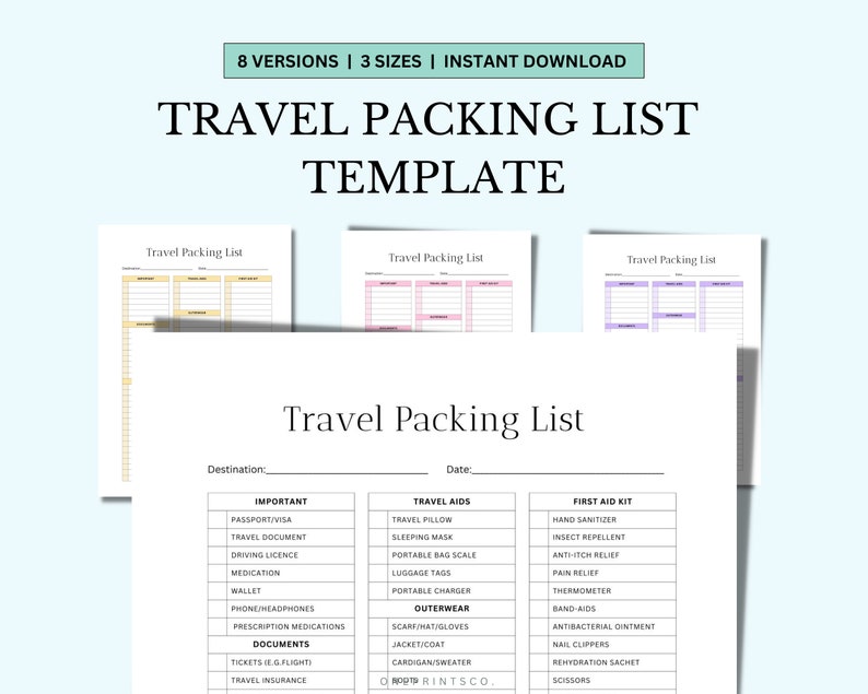 Travel Packing List Template Printable Holiday Organiser Digital Family ...
