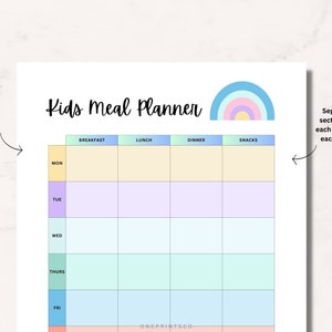 Kids Colourful Weekly Meal Planner, Printable Meal Tracker Template ...