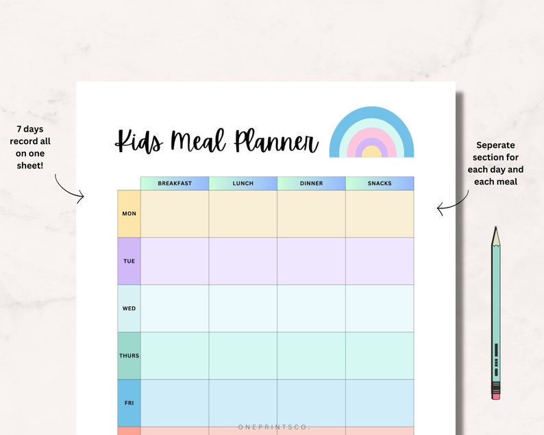 Kids Colourful Weekly Meal Planner, Printable Meal Tracker Template ...