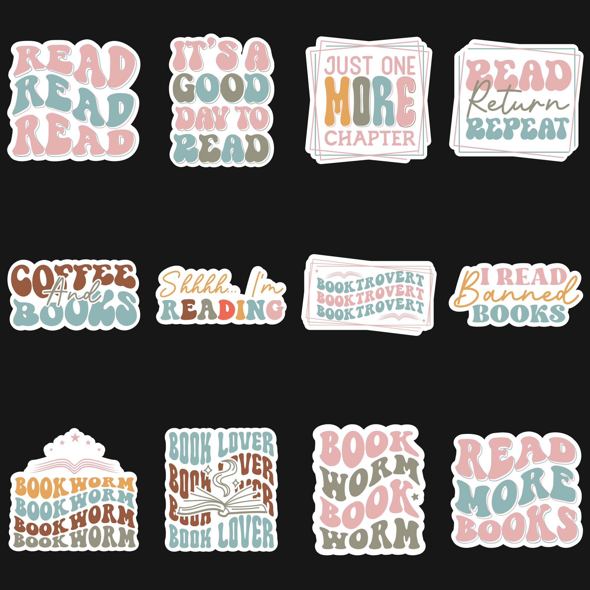 Retro Book Sticker Bundle, Reading Svg, Reading Quotes Svg, Book Cut ...