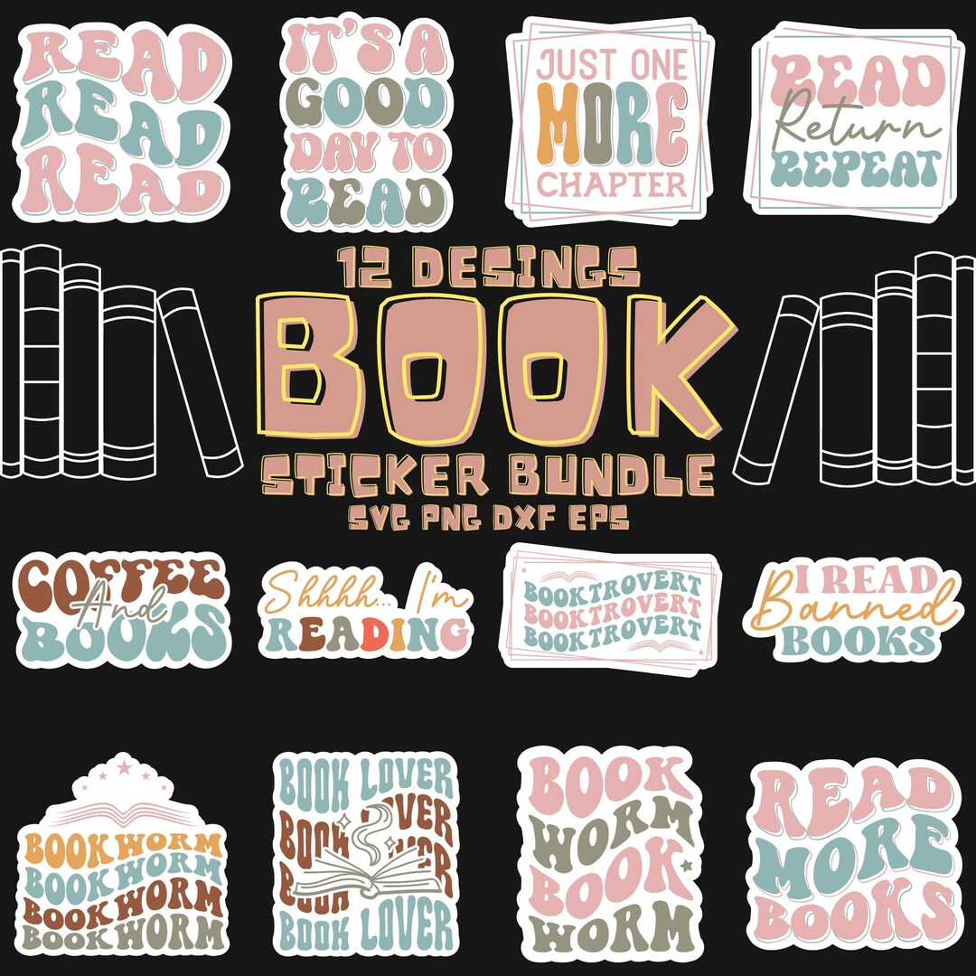 Retro Book Sticker Bundle, Reading Svg, Reading Quotes Svg, Book Cut ...