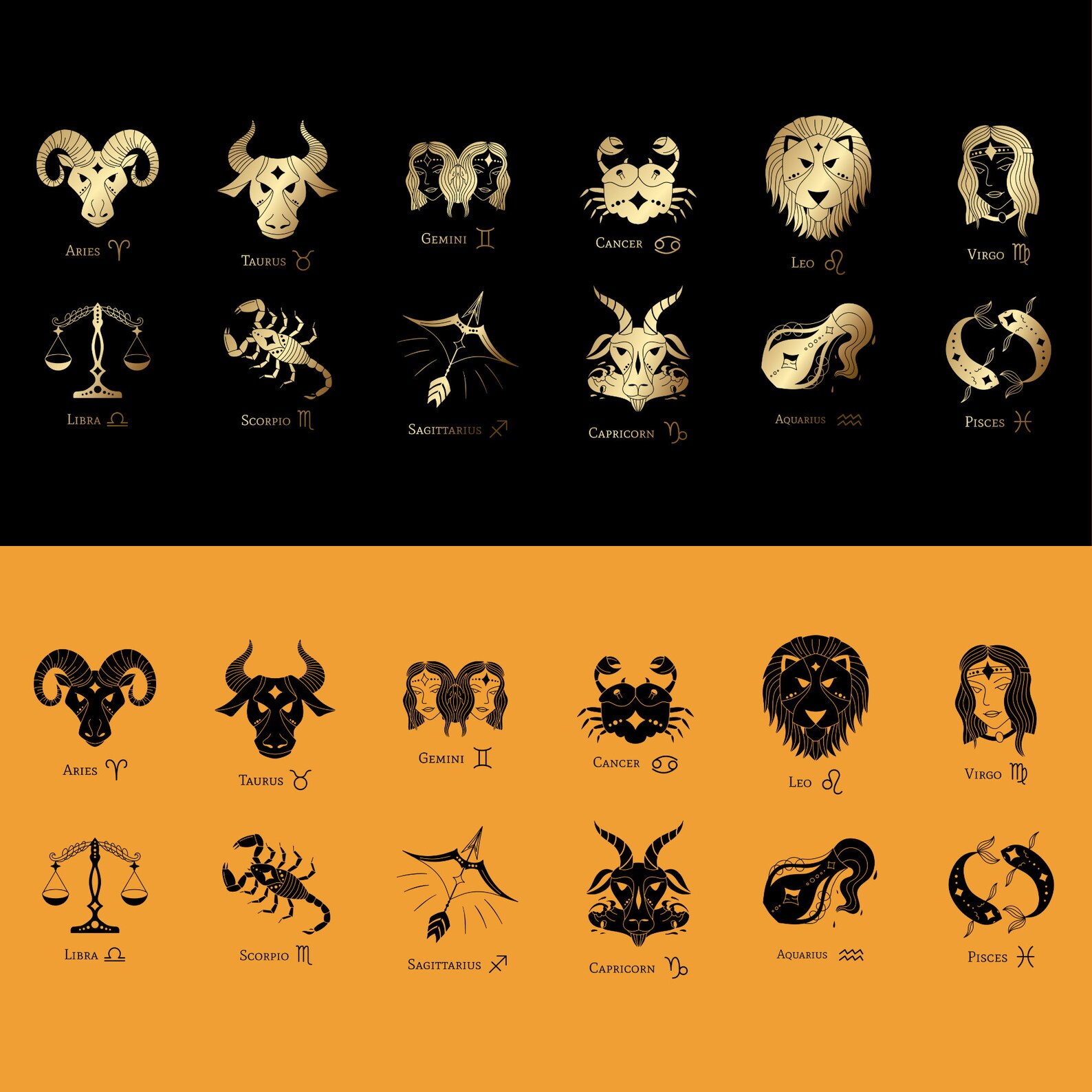 120 Gold&black Zodiac Signs SVG Bundle, Astrology Star Signs Bundle ...