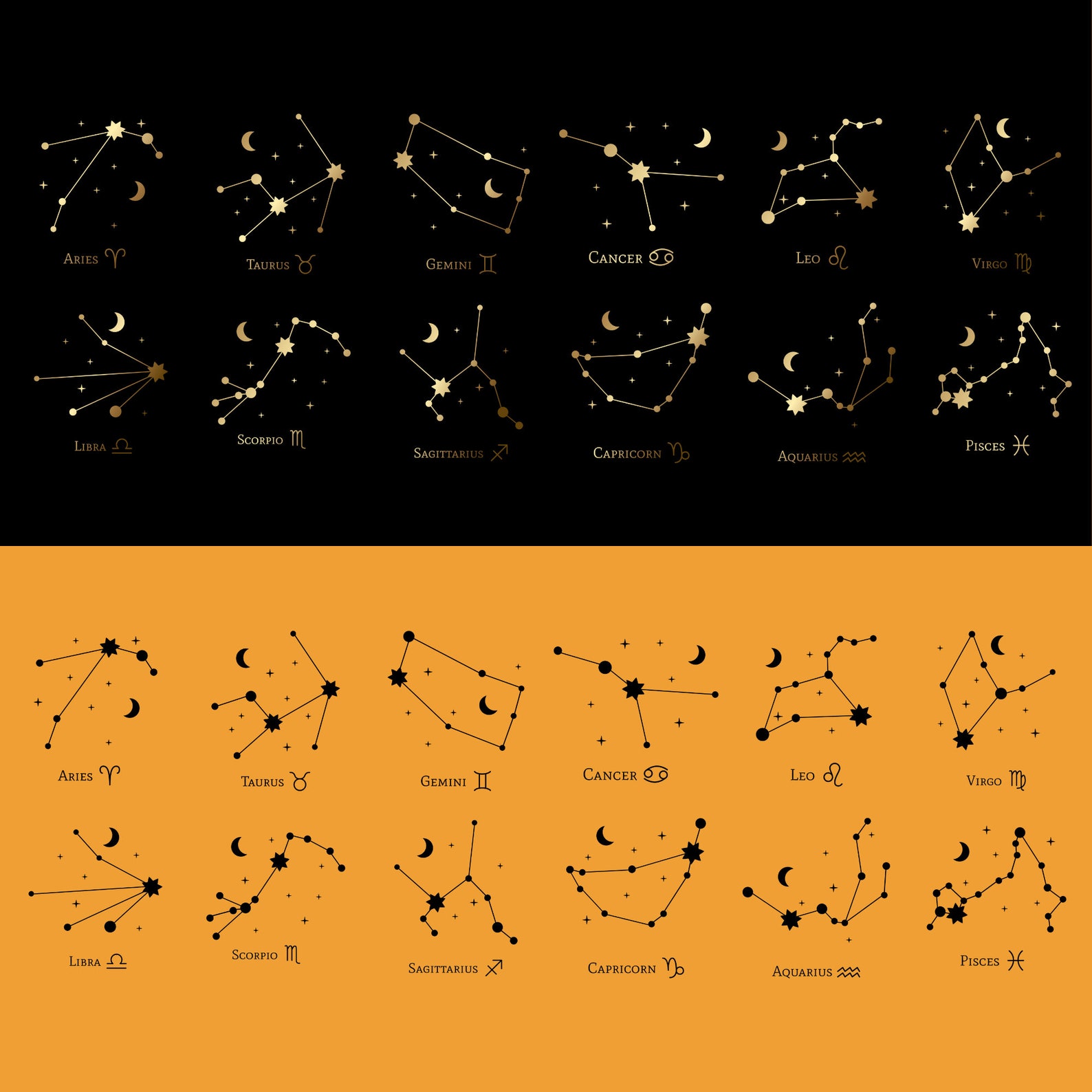 120 Gold&black Zodiac Signs SVG Bundle, Astrology Star Signs Bundle ...