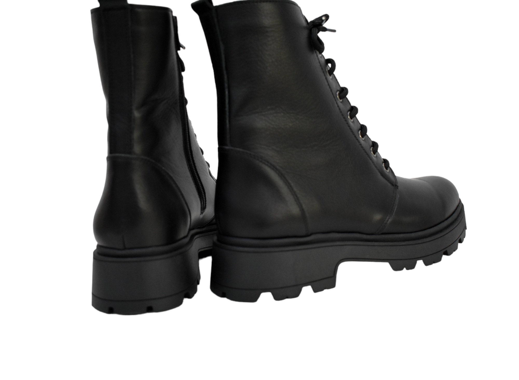 Black Zipper and Lace up Combat Boots Women Leather Cargo Boots Black ...