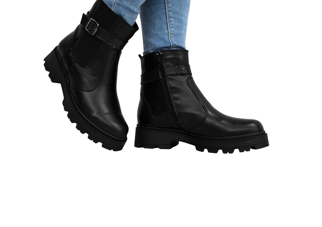 Round Toe Black Leather Boot Black Chunky Heel Boots Zipper Combat ...