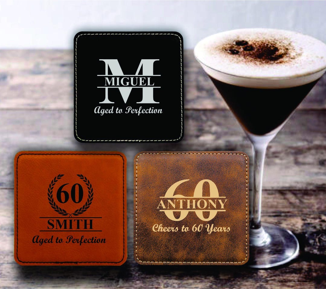 12 Pc Set 60th Birthday Party Favors, Custom Leatherette Coasters ...
