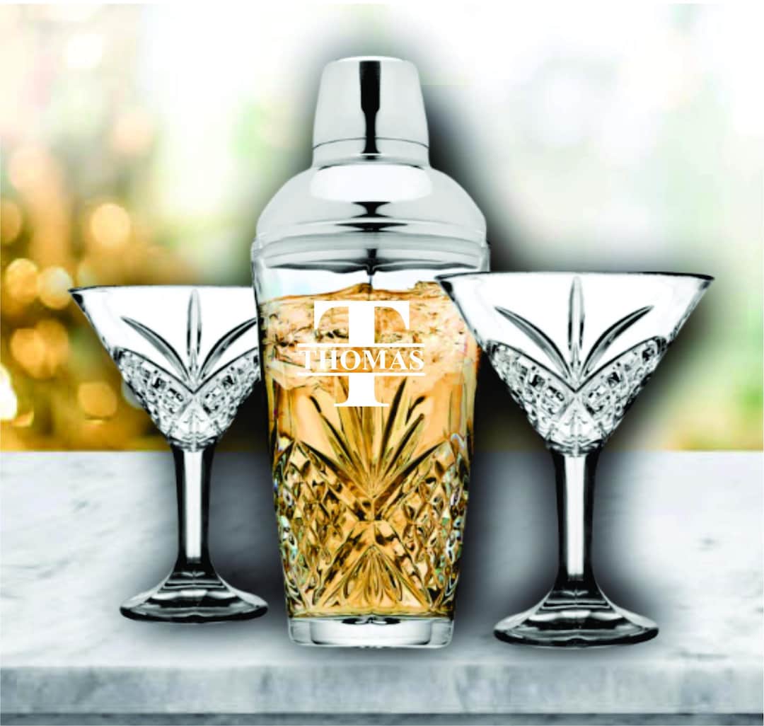 Crystal Cocktail Shaker Set, Diamond Cut Martini Glasses, Personalized ...