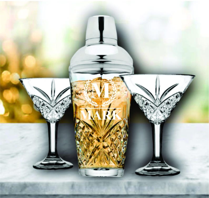 Custom Engraved Crystal Cocktail Shaker Set, Diamond Cut Martini ...