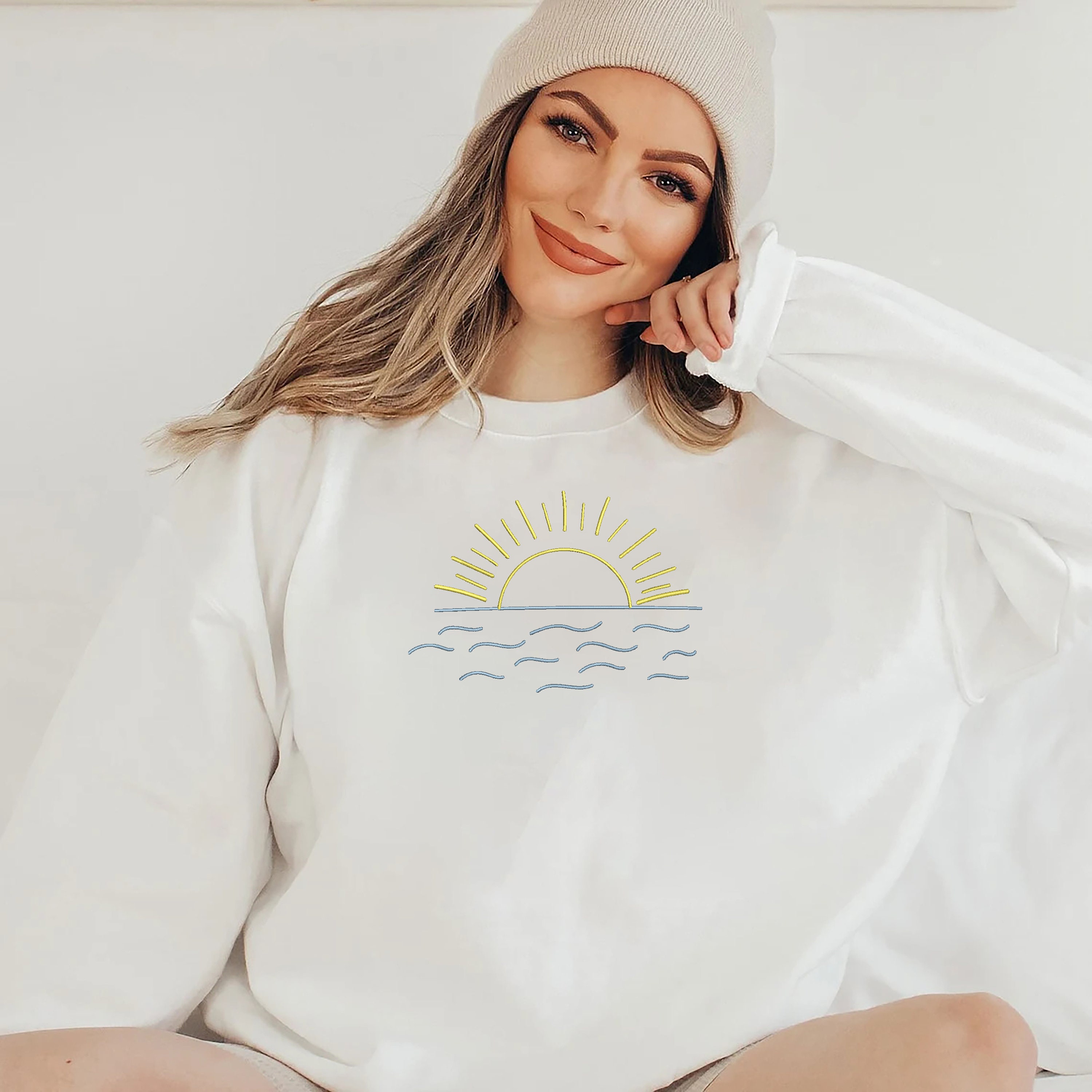 Sunrise in Ocean Line Art Embroidery Design Sunrise Embroidery Design ...