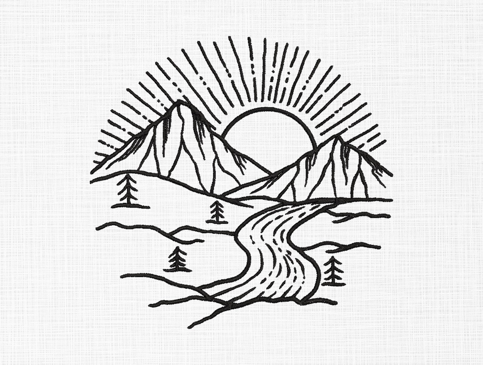 Mountain Line Art Embroidery Design Sunrise in Mountain Embroidery ...