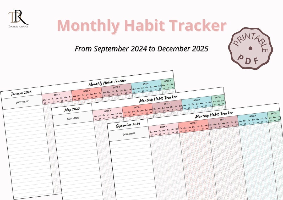 Printable Monthly Habit Tracker 2024-2025 Planner PDF Habit Tracking ...
