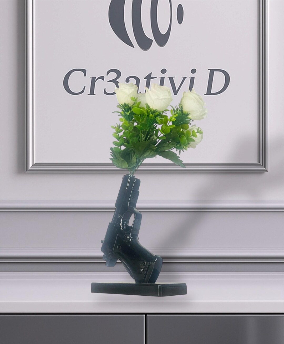 Gun Sculpture With White Flowers – Glossy 3D Printed Provocative Decor ...
