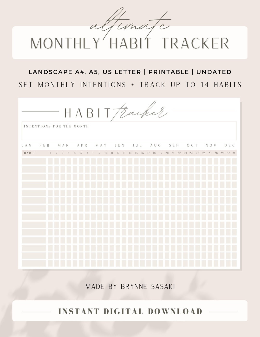 Monthly Habit Tracker Printable | Digital Tracker | Wellness Tracker ...