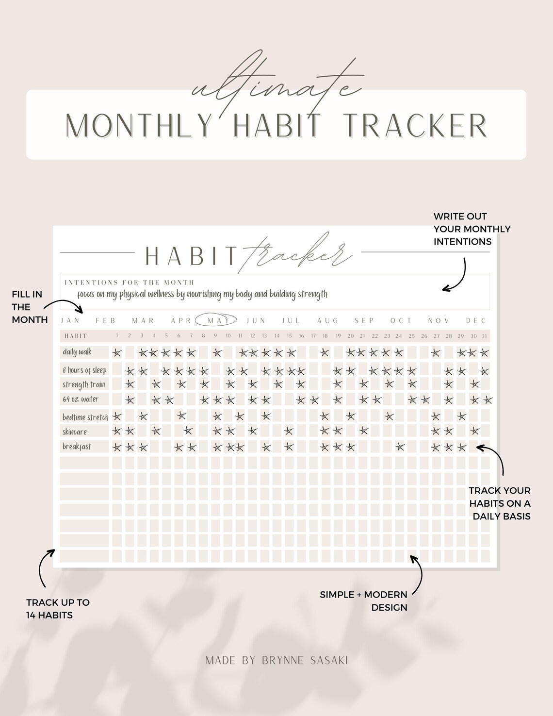 Monthly Habit Tracker Printable Digital Tracker Wellness Tracker ...