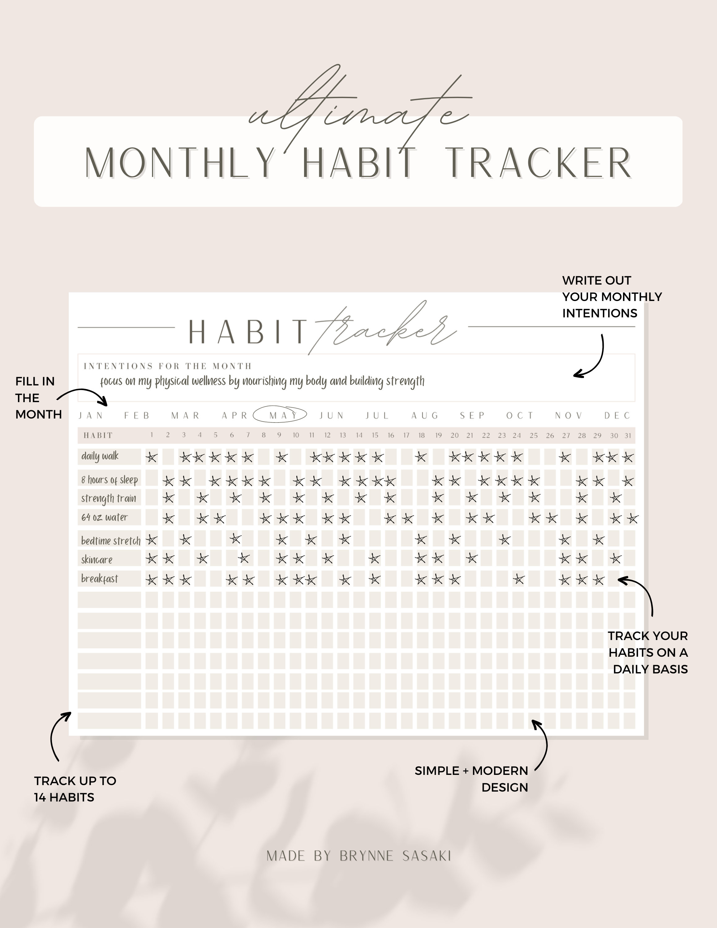 Monthly Habit Tracker Printable Digital Tracker Wellness Tracker ...