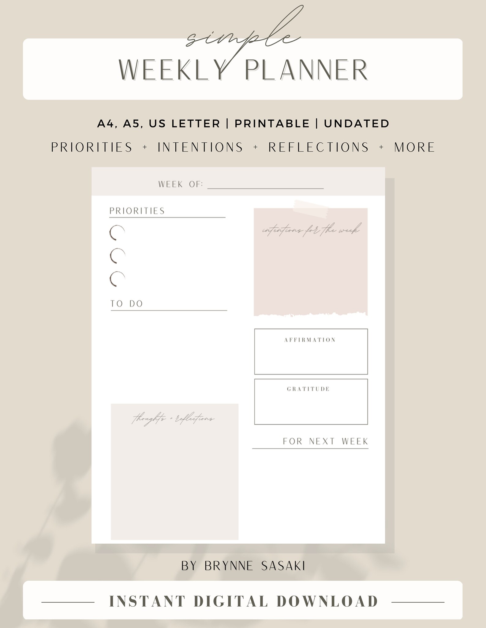 Simple Weekly Printable Planner | Digital Planner | to Do ...