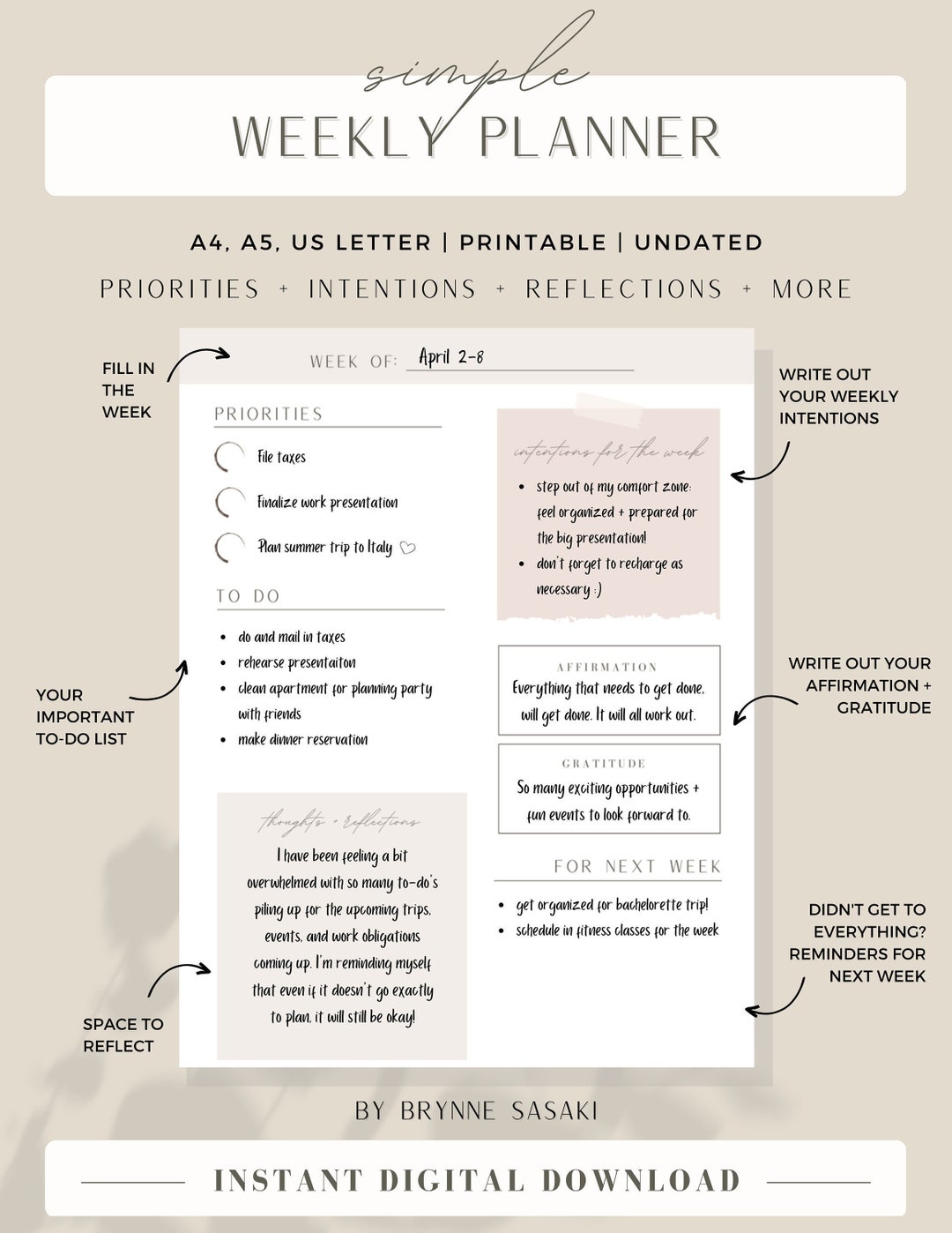Simple Weekly Printable Planner | Digital Planner | to Do ...